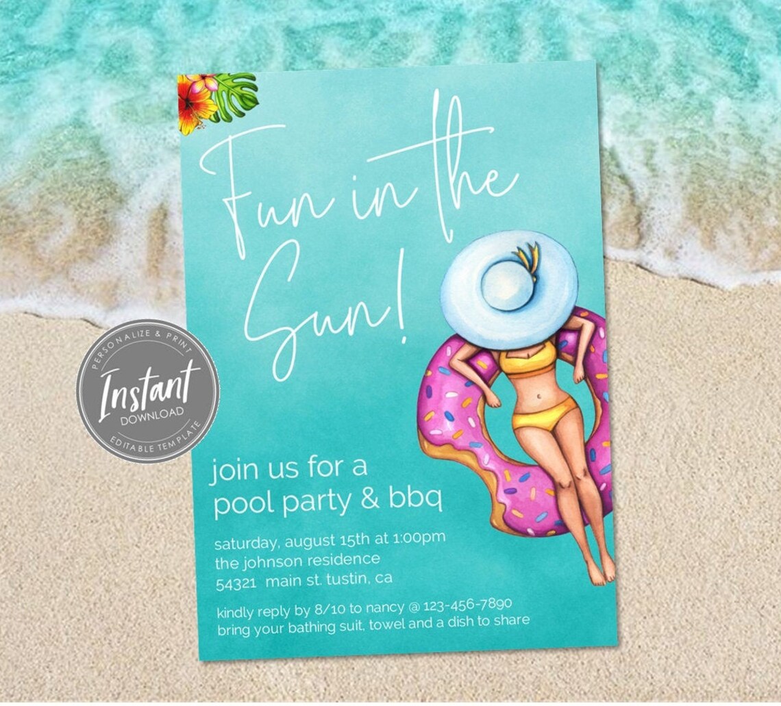 Pool Party Invitation Template Editable Fun in the Sun | Etsy
