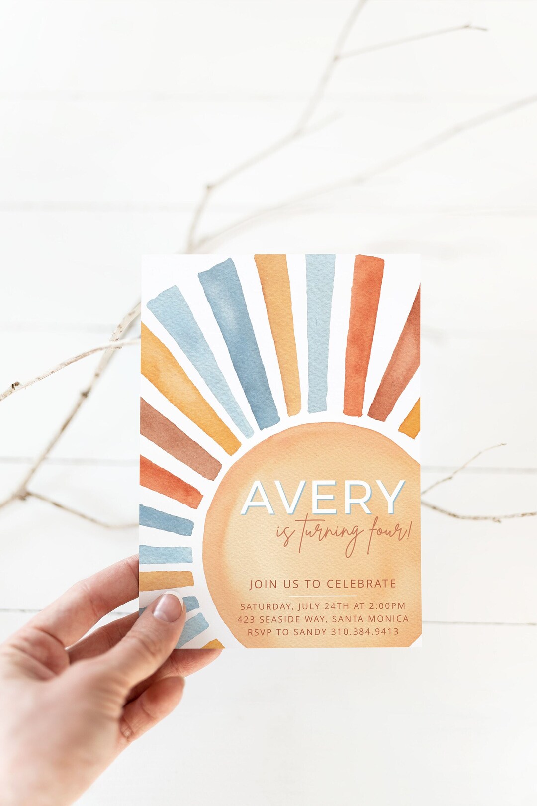 Watercolor Sun Birthday Invitation | Modern Sun Birthday Party Invite ...