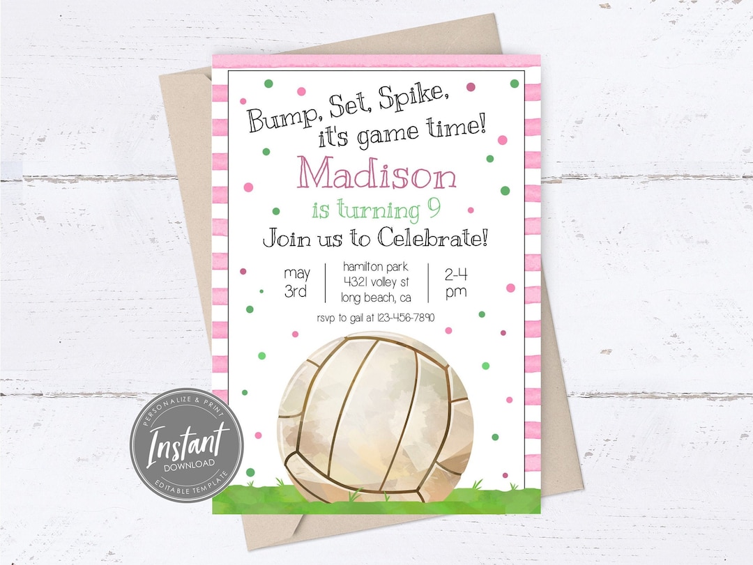 Volleyball Birthday Invitation Template, Editable Girl's Volleyball ...