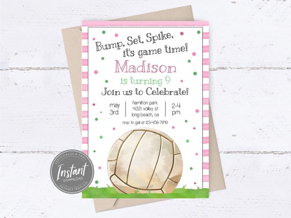 Volleyball Birthday Invitation Template, Editable Girl's Volleyball ...