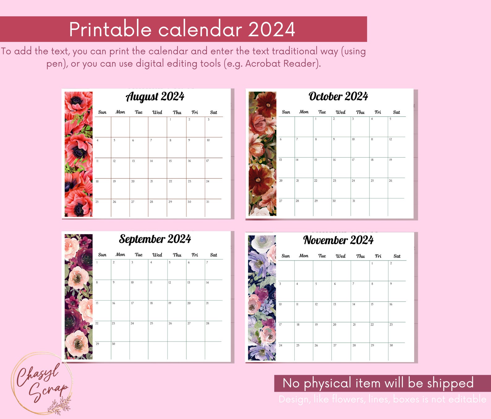 2024 Watercolor Floral Calendar Digital Calendar 2024 - Etsy
