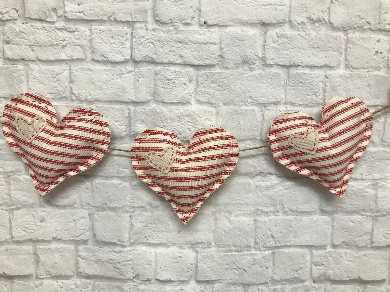 Red Ticking Fabric Hearts Garland, Farmhouse Valentine's Day Decor - Etsy