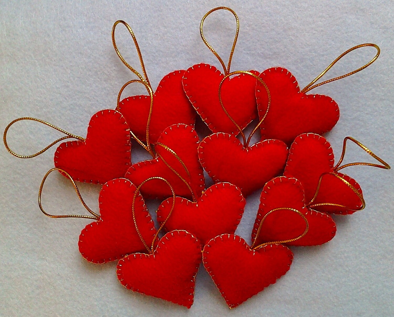 Red Felt Handmade Hearts set of 12 Christmas Tree Ornaments | Etsy