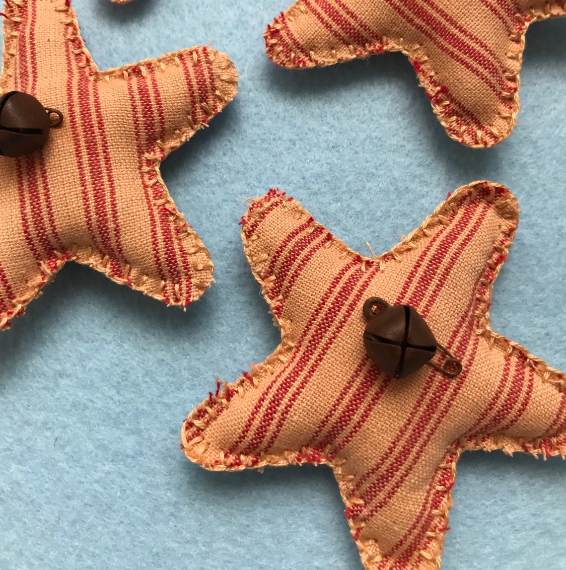 Red Ticking Stripe Homespun Fabric Stars, Rustic Stars Bowl Fillers ...