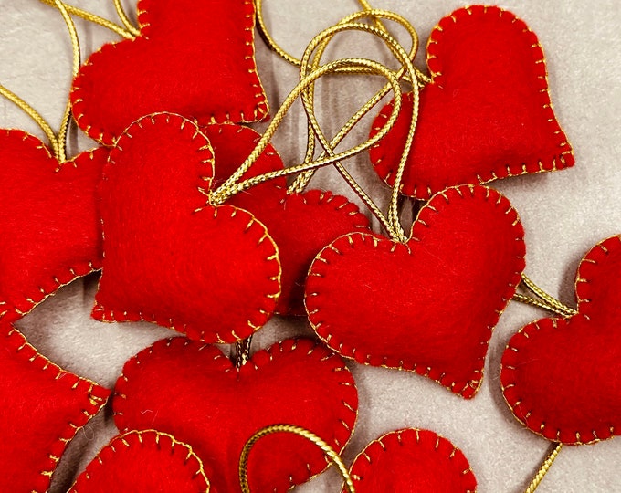 Red Felt Handmade Hearts Set of 12, Christmas Tree Ornaments, Valentine ...