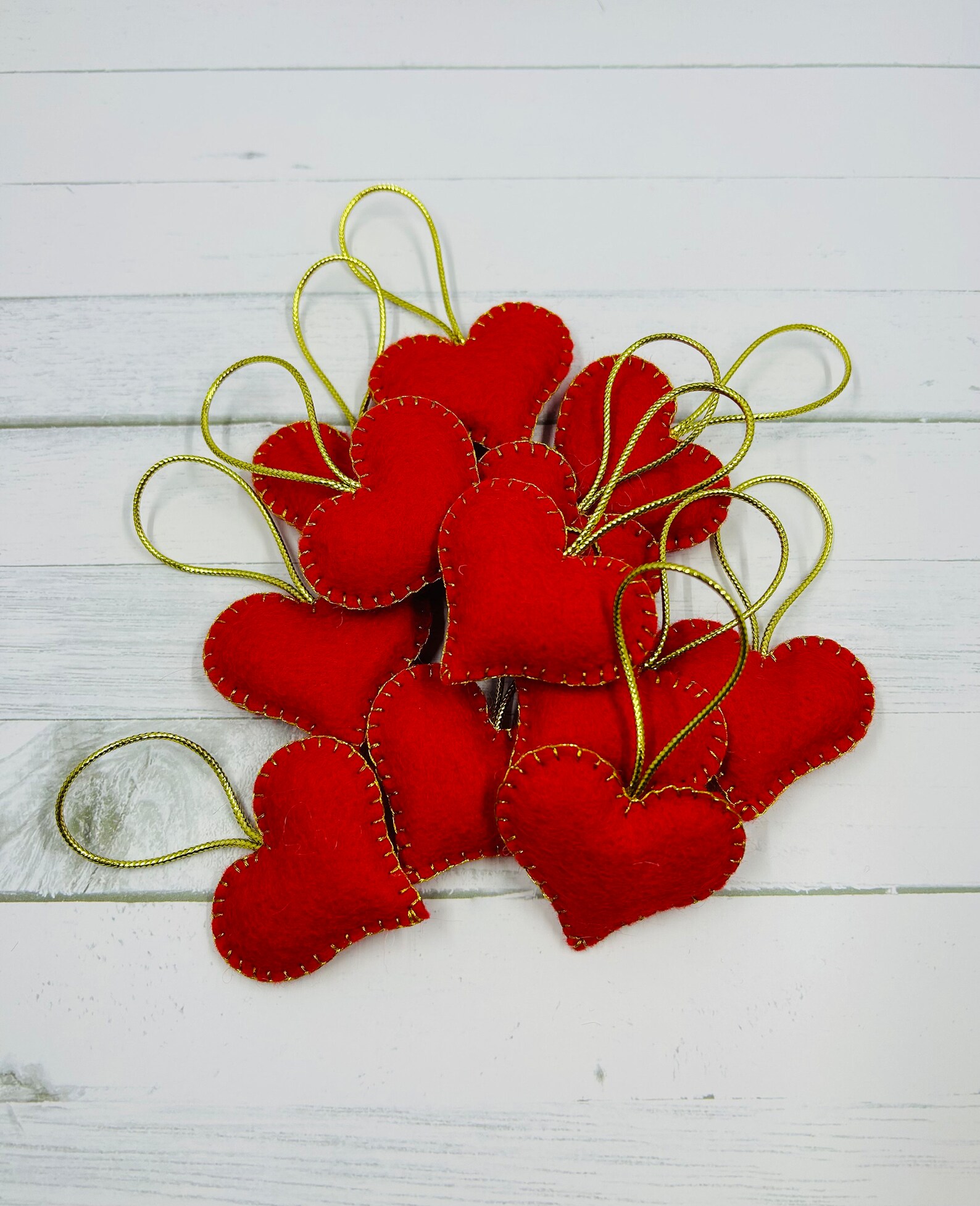 Red Felt Handmade Hearts Set of 12, Christmas Tree Ornaments, Valentine ...