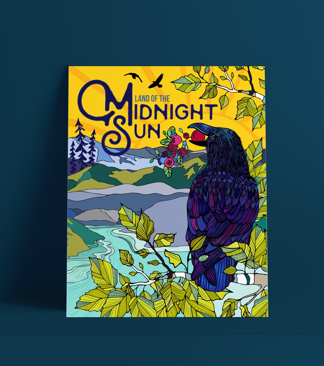 Midnight Sun Raven Wall Art Alaska Artwork Colorful Raven in Birch Tree ...