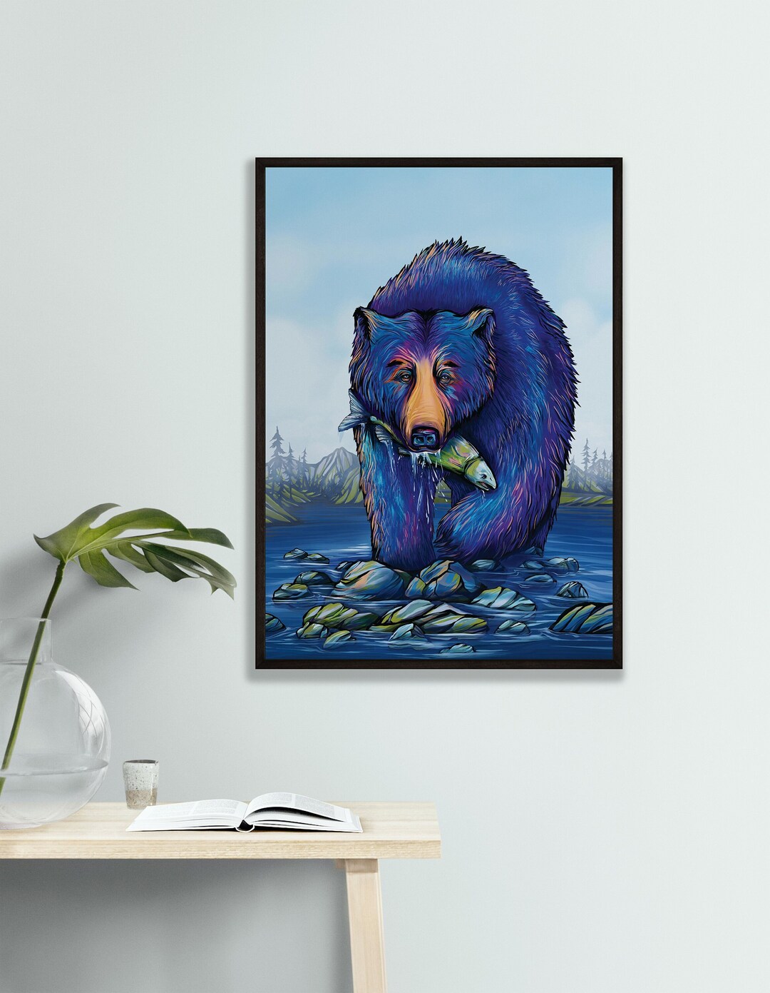 Canvas Art Print River Bear Colorful Wall Artwork Blue Digital Design ...