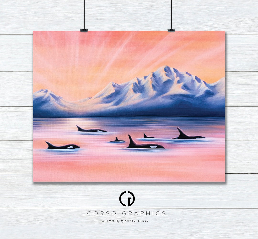 8x10 Art Print on Echo Lines Orca Whale Pod Mountain Peak Alaska ...
