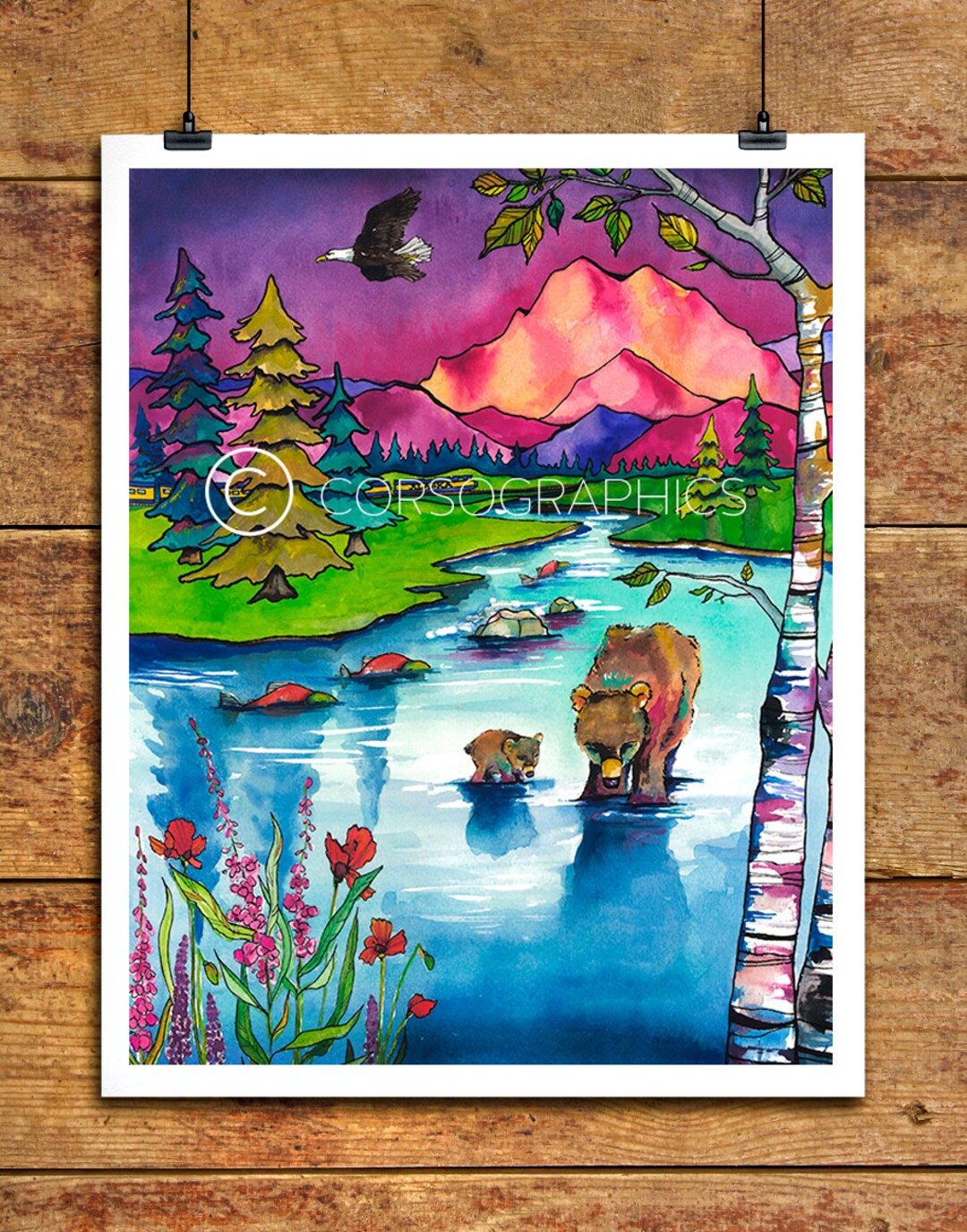 AK Scene Watercolor Art Print Wall Art Alaska Art Bear Art Alaskan Art ...