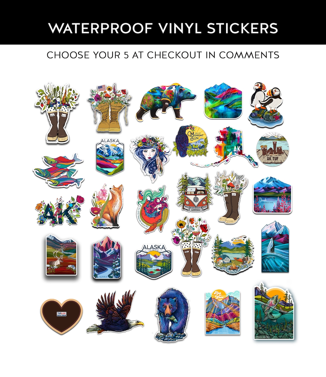 PICK YOUR PACK of 5 Stickers Alaska Nature Stickers Decal for Water ...