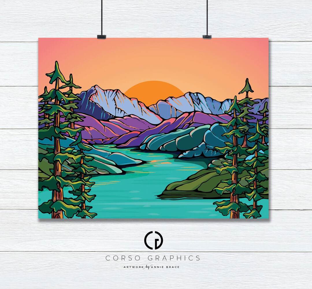 Peach Sunset Mountain Artwork Print Colorful Peach Pink Sky Water ...