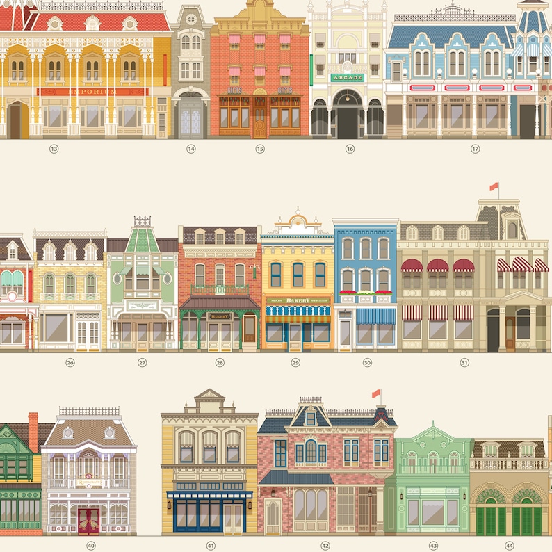 The Buildings of Main Street Walt Disney World Print With Numbered ...