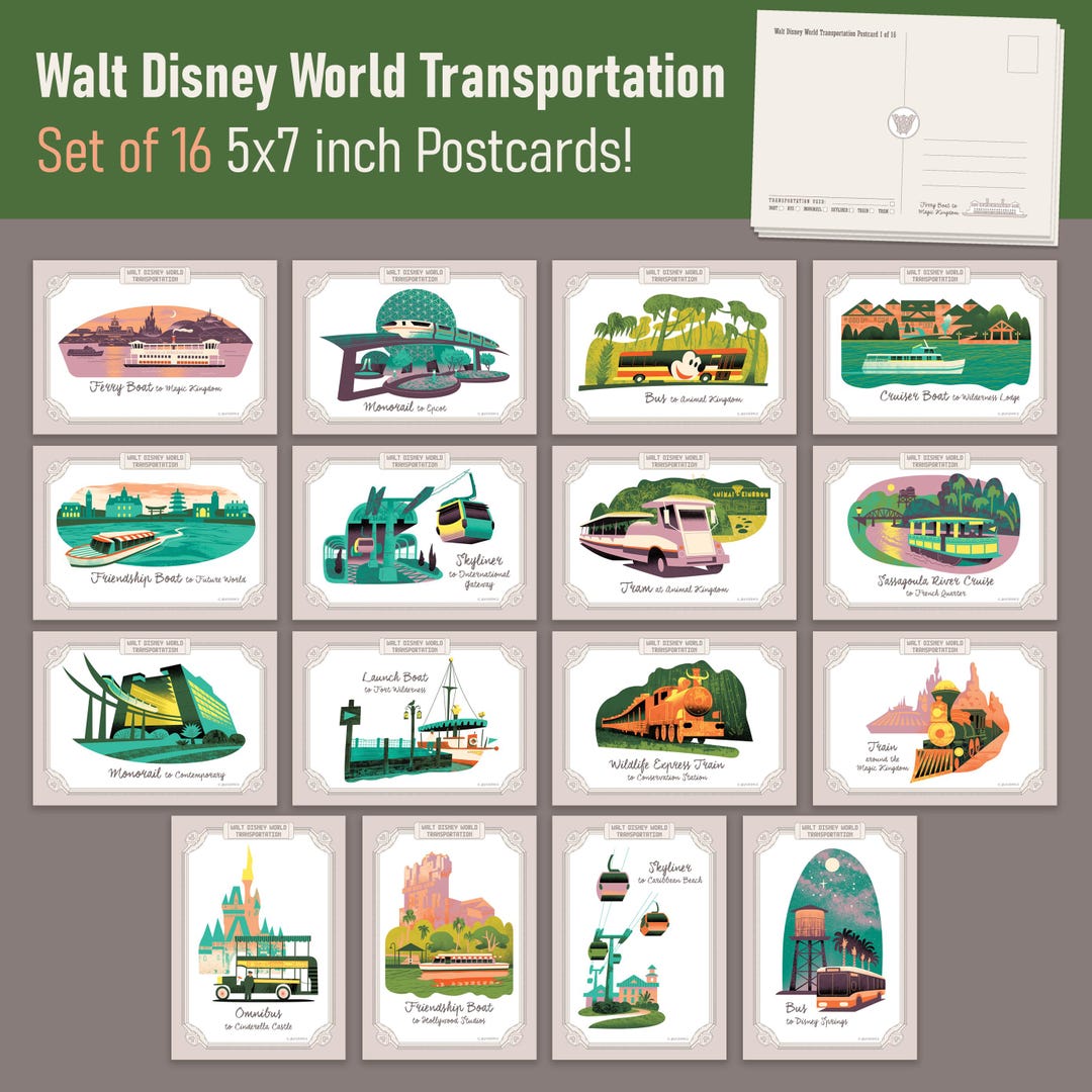 Set of 16 5x7 Inch Walt Disney World Transportation Postcards - Etsy
