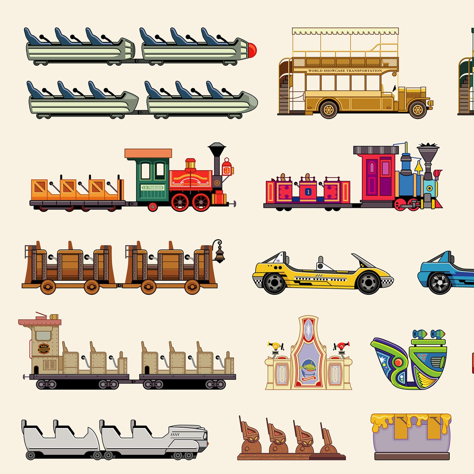 Walt Disney World Attraction and Transportation Vehicles Print - Etsy