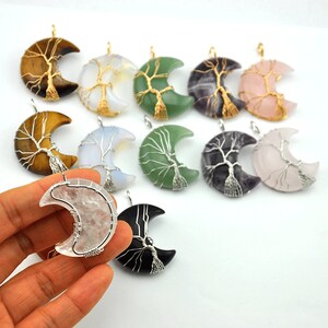 Moon Shape Gemstone Tree of Life Pendants，moon Wire Wrapped Tree of ...