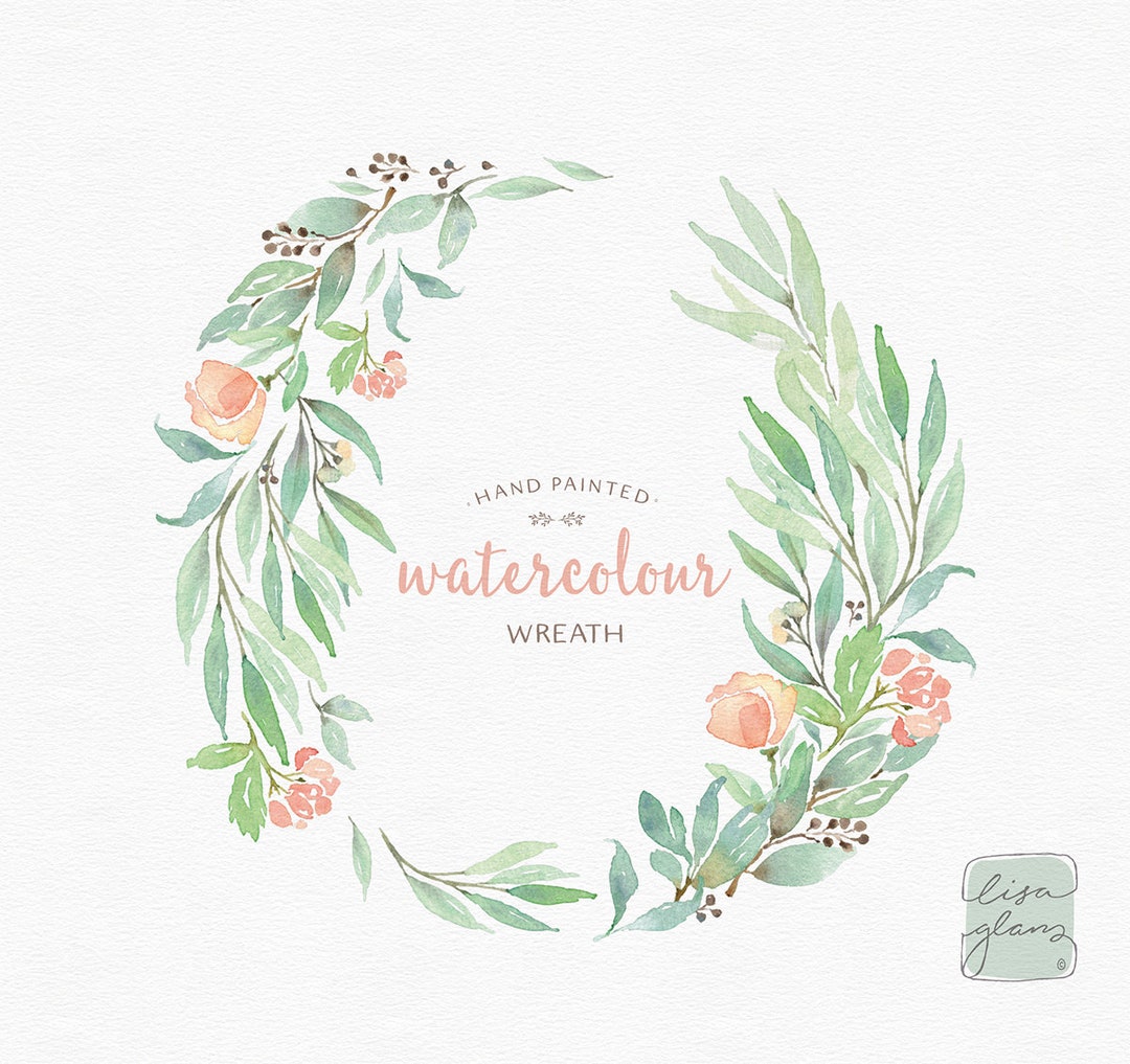 Watercolor Wreath Clipart: Green Leafy & Peach Floral (PNG) - Etsy