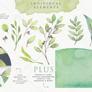 Watercolor Leaf Clipart Bundle, Green Watercolor Leaf Wreath, Wedding ...