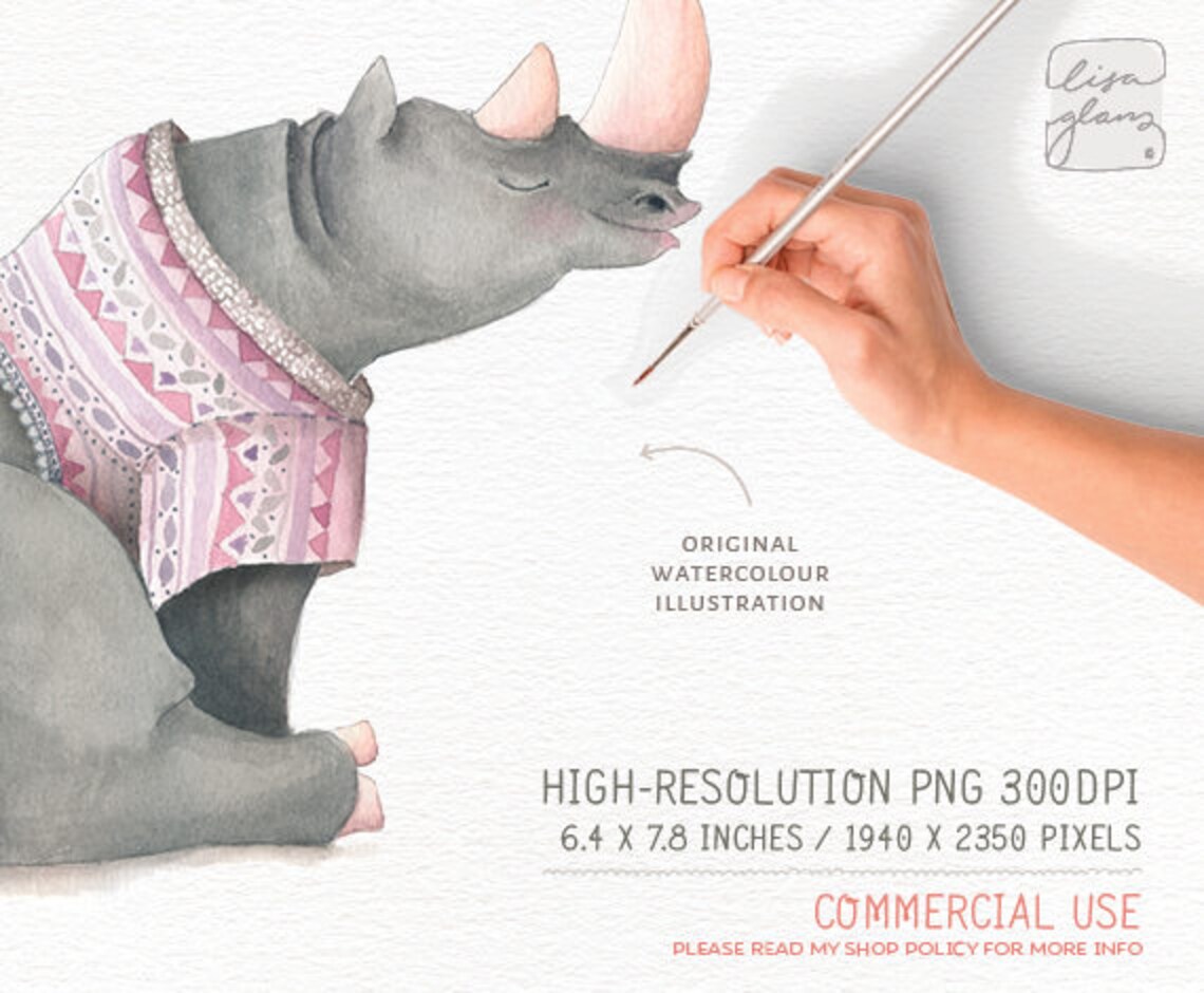 Watercolor Rhino: Animal Clipart / Safari Print / Whimsical | Etsy
