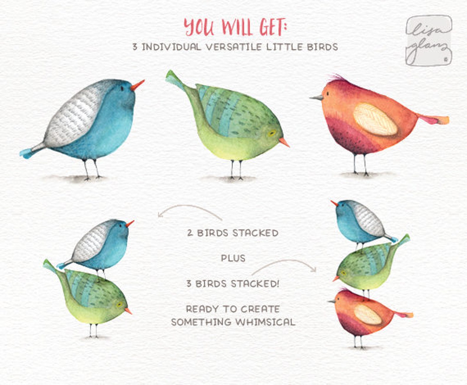 Watercolor Birds: PNG Clipart / 3 Whimsical Clip Art Birds / Commercial ...