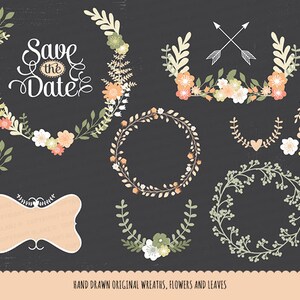Chalkboard Wedding Clip Art Collection: Hand Drawn Floral Wreath ...