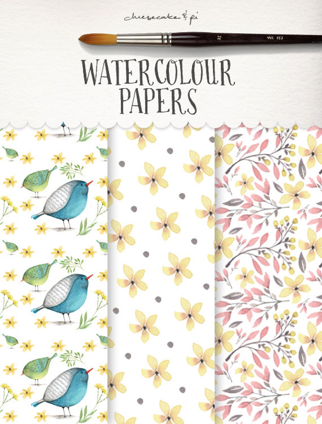 DIGITAL PAPER: Floral & Bird Watercolor Paper / Pink, Yellow and Blue ...