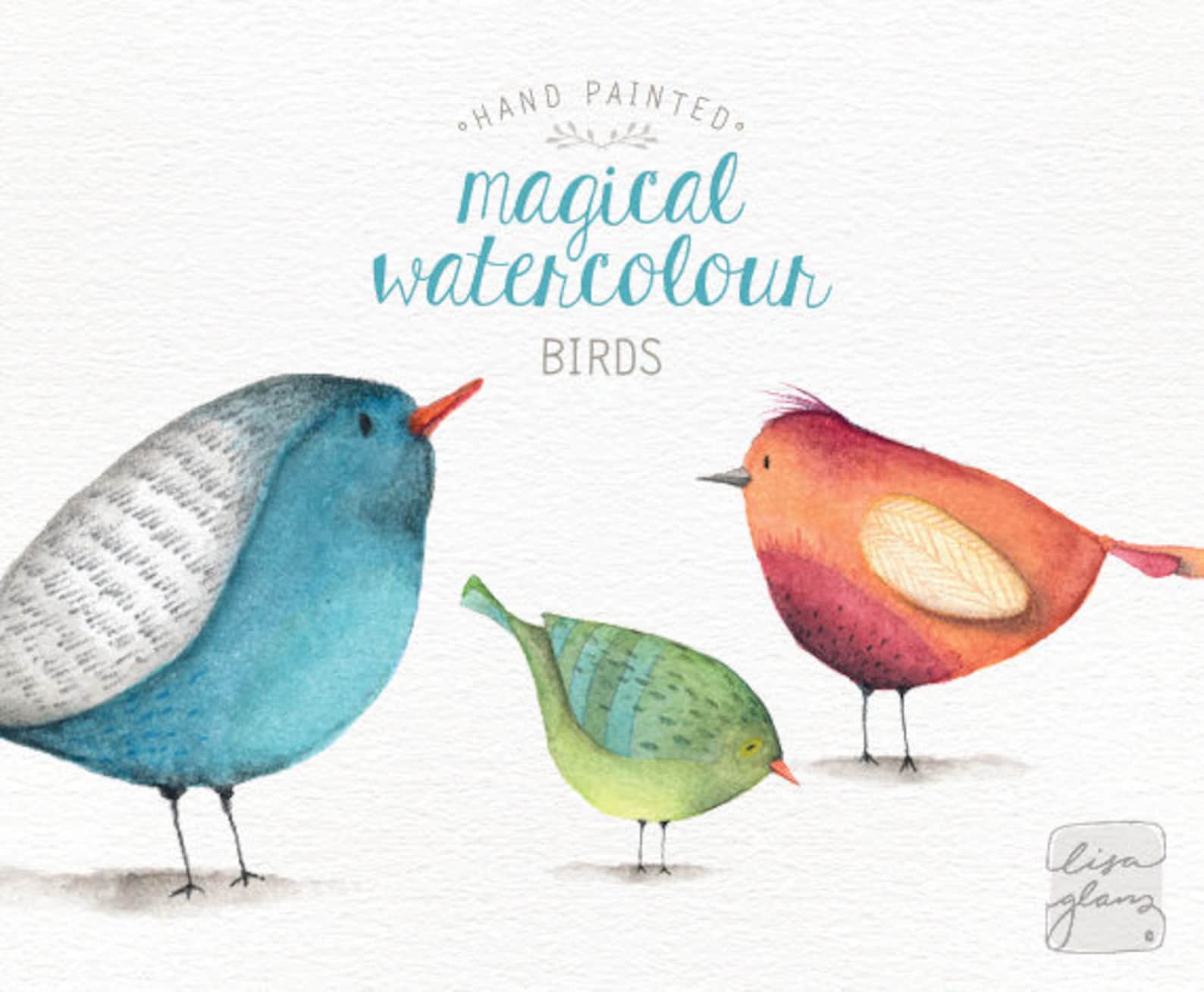 Watercolor Birds: PNG Clipart / 3 Whimsical Clip Art Birds / - Etsy