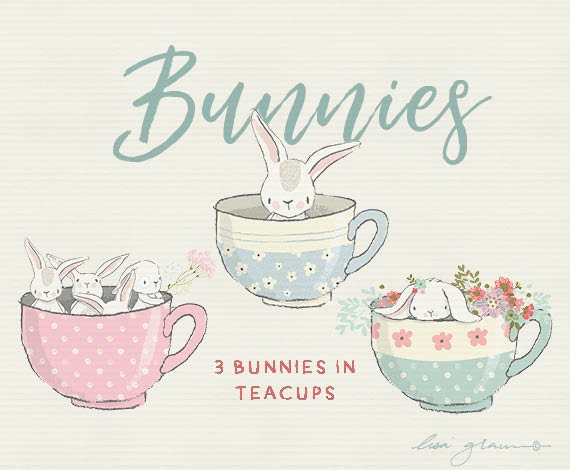 Spring Bunny Clipart Set: Cute Bunnies Clip Art, Teacup Clipart ...