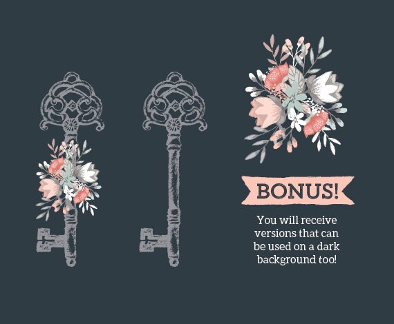 Vintage Key With Floral Bouquet Clipart / Wedding Invitation - Etsy