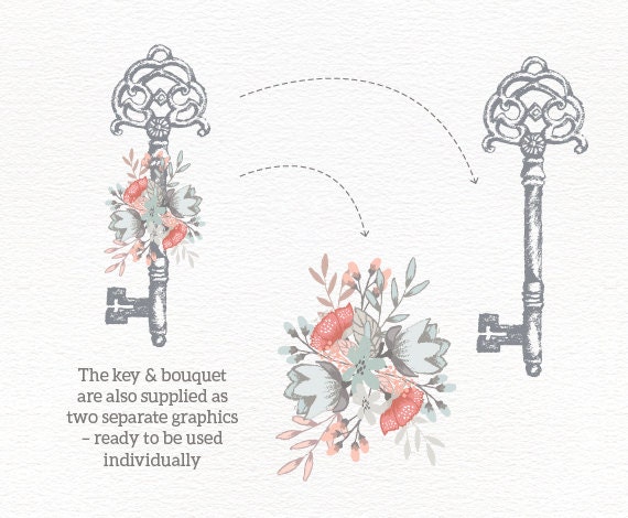 Vintage Key With Floral Bouquet Clipart / Wedding Invitation - Etsy