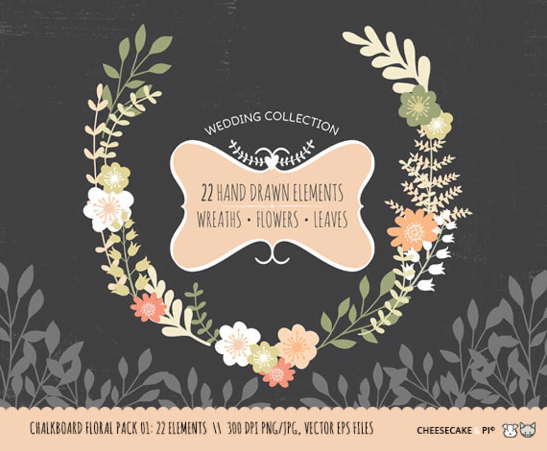 Chalkboard Wedding Clip Art Collection: Hand Drawn Floral Wreath ...