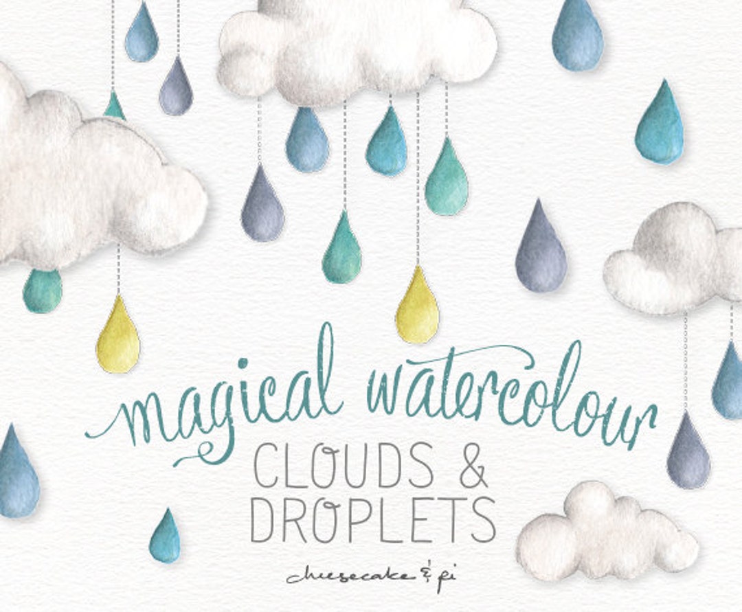 Watercolor Fluffy Clouds and Rain Drops: PNG Clip Art / Whimsical Clip ...