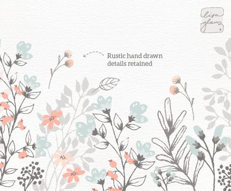 Floral Border & Bouquet: Rustic Hand Drawn Floral Clipart / | Etsy