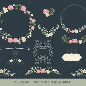 Vintage Wedding Invitation Floral Wreath Clipart Collection: Rose ...