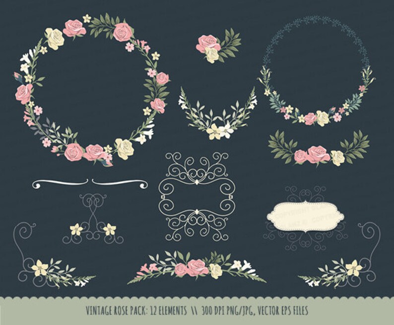 Vintage Wedding Invitation Floral Wreath Clipart Collection: Rose ...