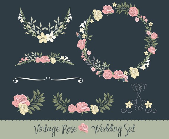Vintage Wedding Invitation Floral Wreath Clipart Collection: Rose ...