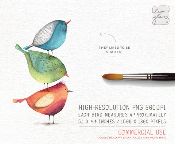 Watercolor birds: PNG clipart / 3 whimsical clip art birds / | Etsy