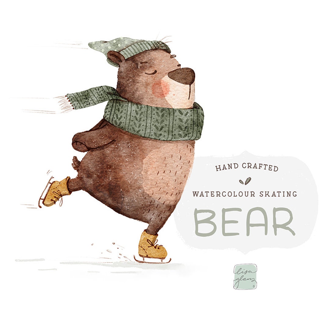 Winter Woodland Watercolor Skating Bear: Hand Painted Clipart Animal on ...