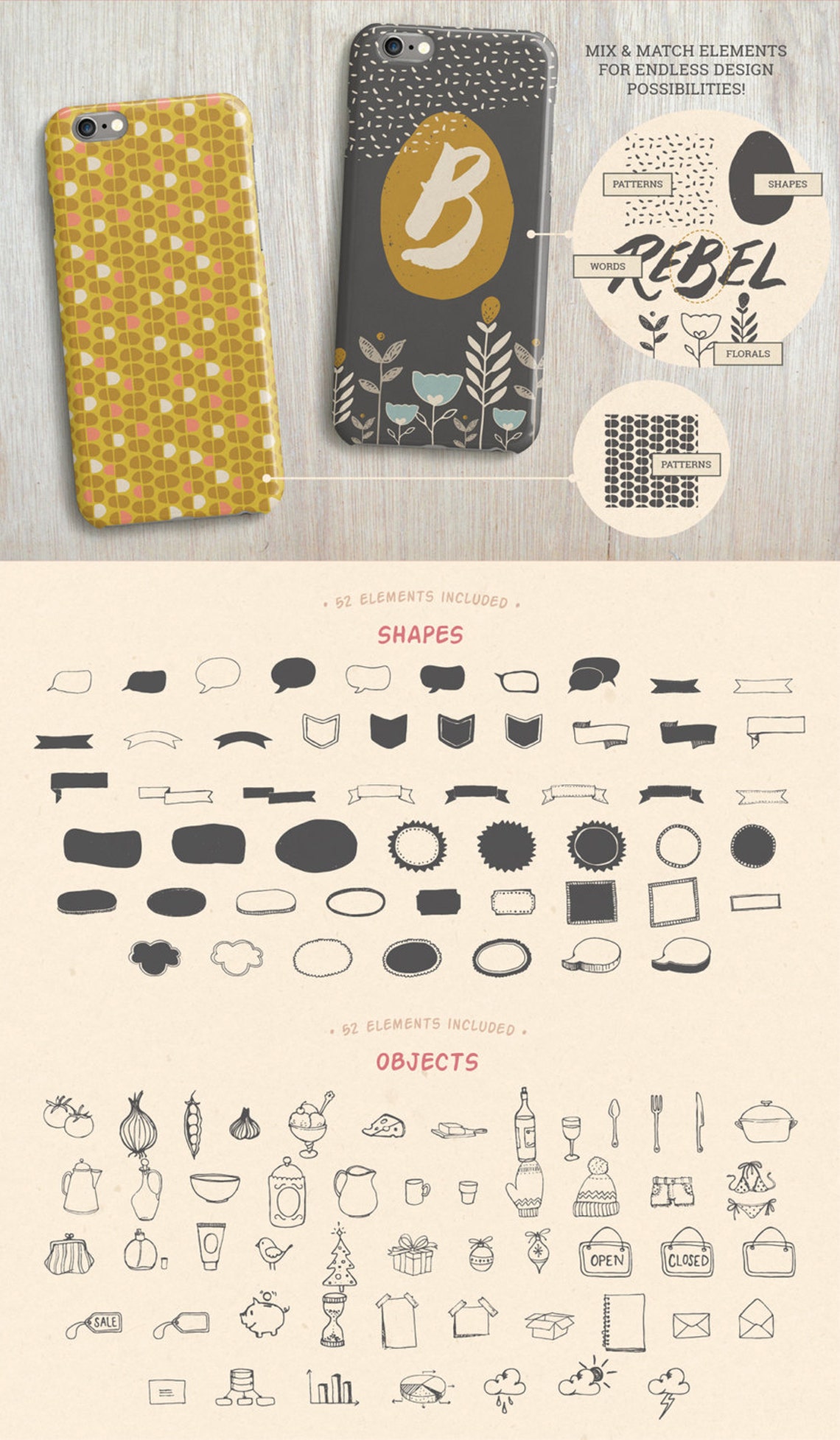 Hand Drawn Clipart Toolkit: Sketched / Graphic Flowers Objects - Etsy
