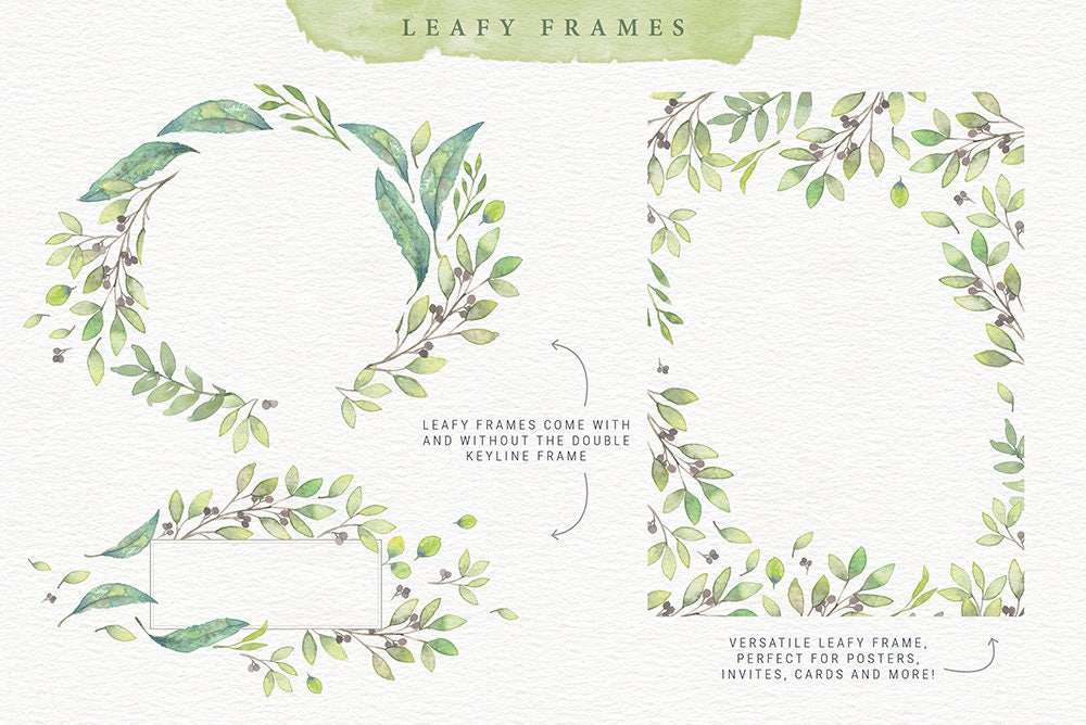 Watercolor Leaf Clipart Bundle Green Watercolor Leaf Wreath - Etsy