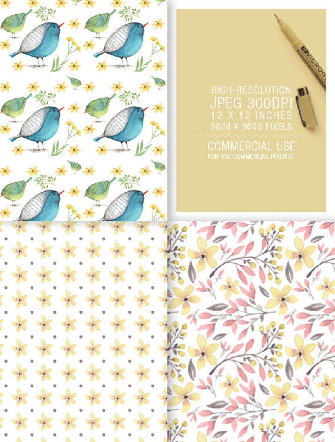 DIGITAL PAPER: Floral & Bird Watercolor Paper / Pink Yellow - Etsy