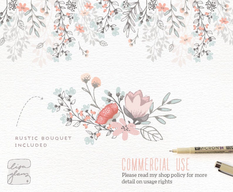 Floral border & bouquet: Rustic hand drawn floral clipart / | Etsy