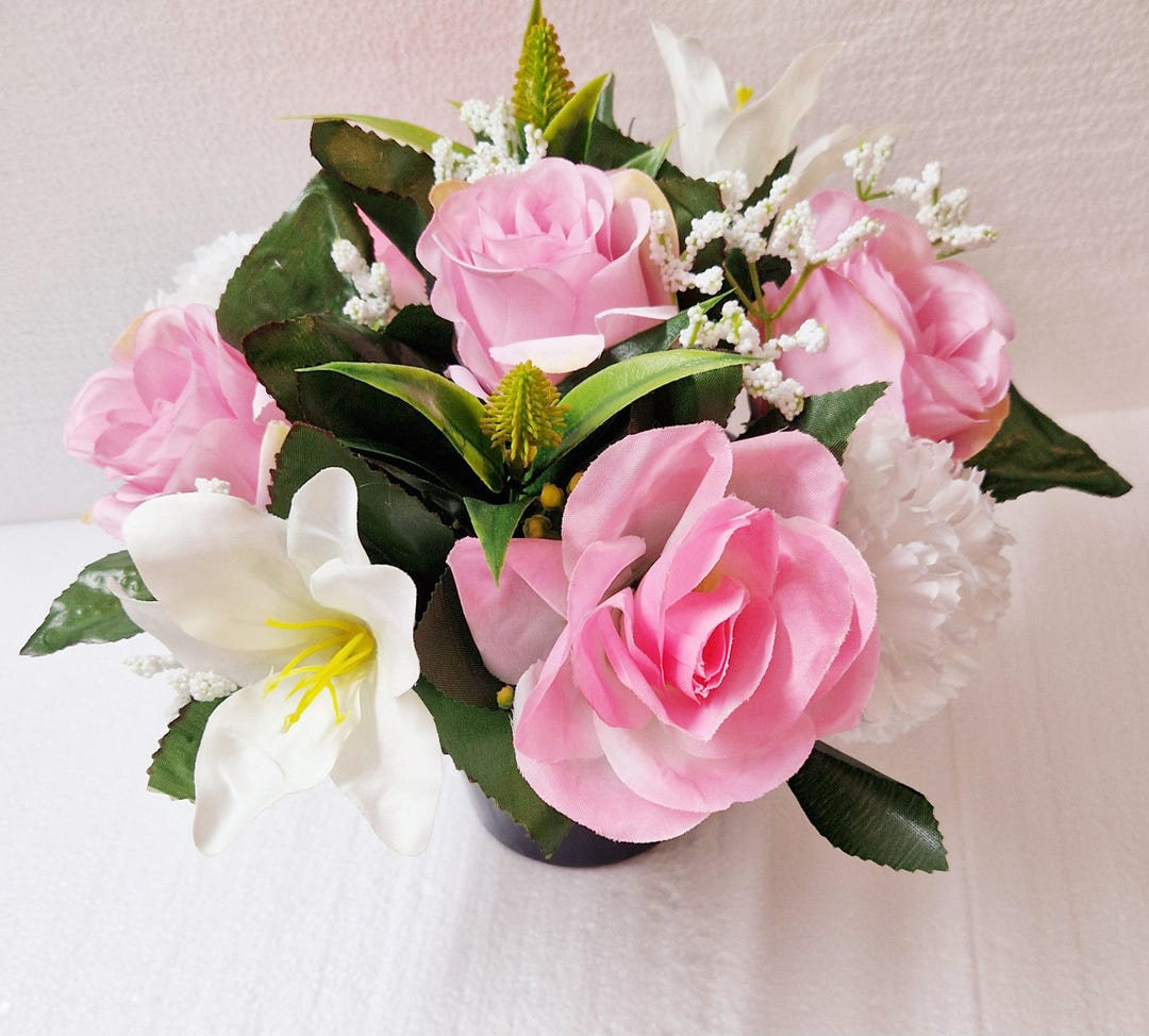 GRAVE POTS, Pink, Cream Rose & Lily. Silk Artificial Funeral Flowers ...