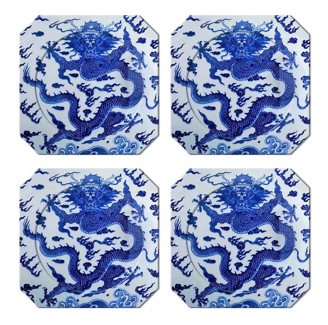 Faux Blue and White Dragon Coasters Recessed Procelian Print Tactile ...
