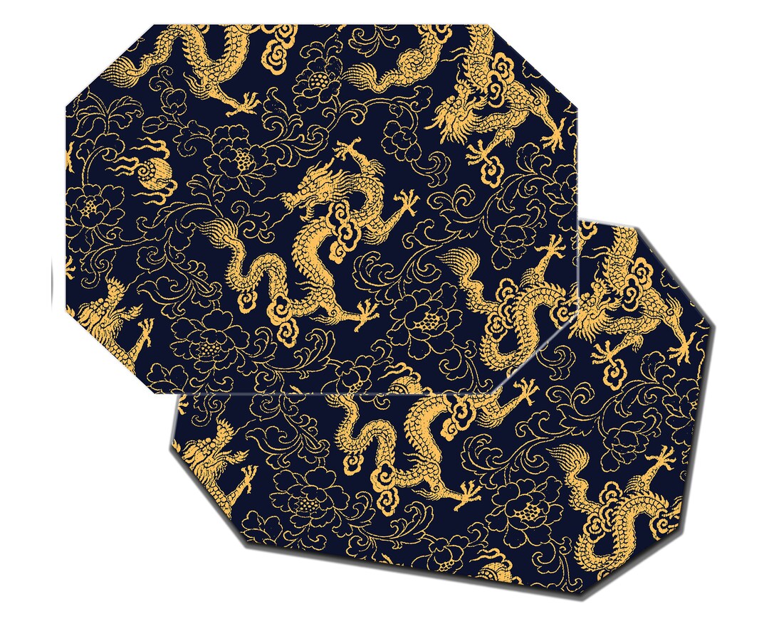 Chinoiserie Dragon Placemats With Gold Yellow Dragon Print Basket ...