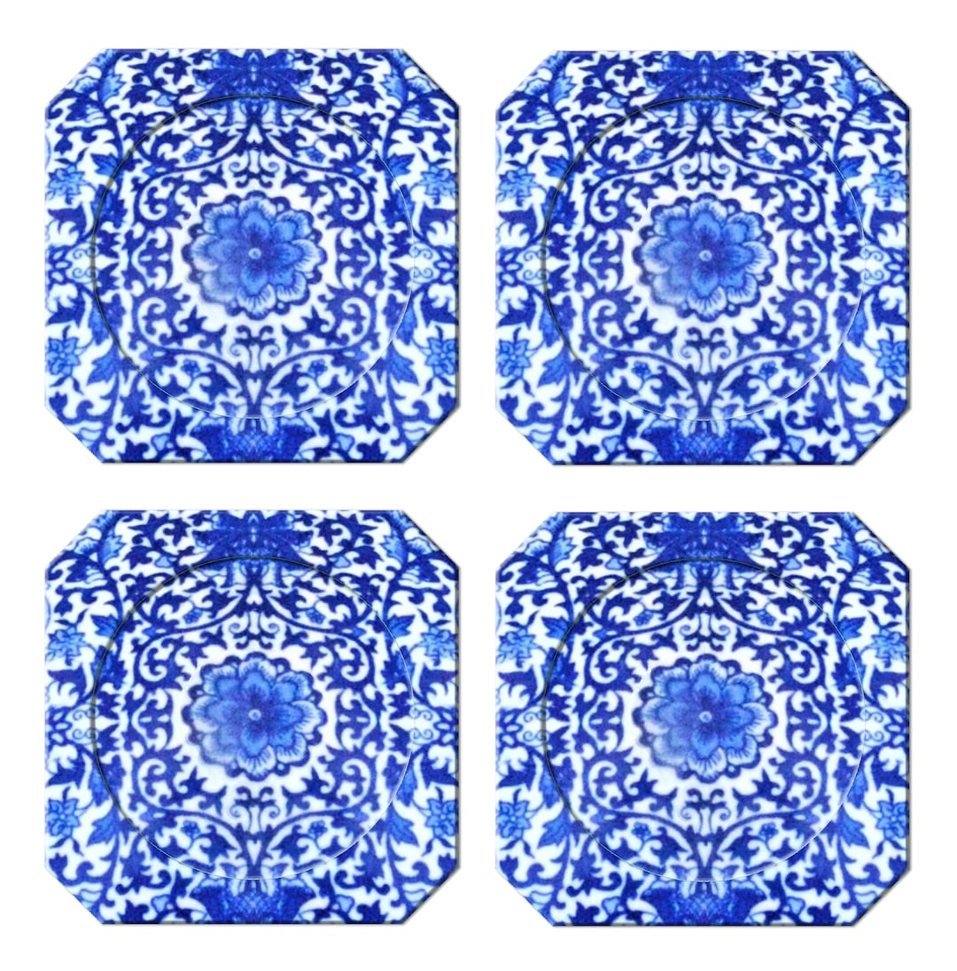 Faux Blue and White Coasters Recessed Procelian Print Tactile - Etsy