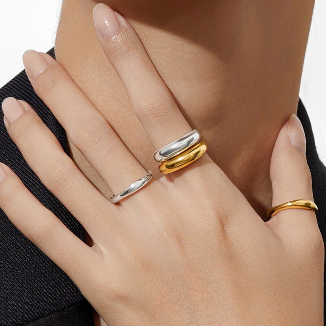 Curve Ring Set, Stackable Minimalist Ring, Gold-plated Chunky Wave Ring ...