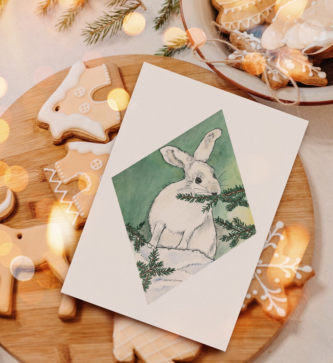 Winter Rabbit Watercolour Christmas Card. Whimsical - Etsy