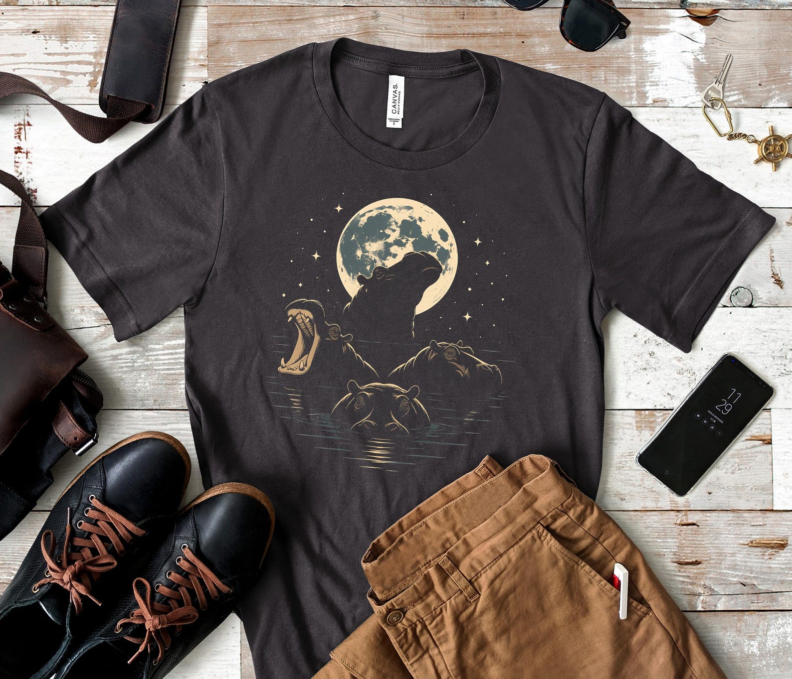 Moonlit Hippos Shirt, Celestial Night Sky Animal Tee, Mystical Wildlife ...