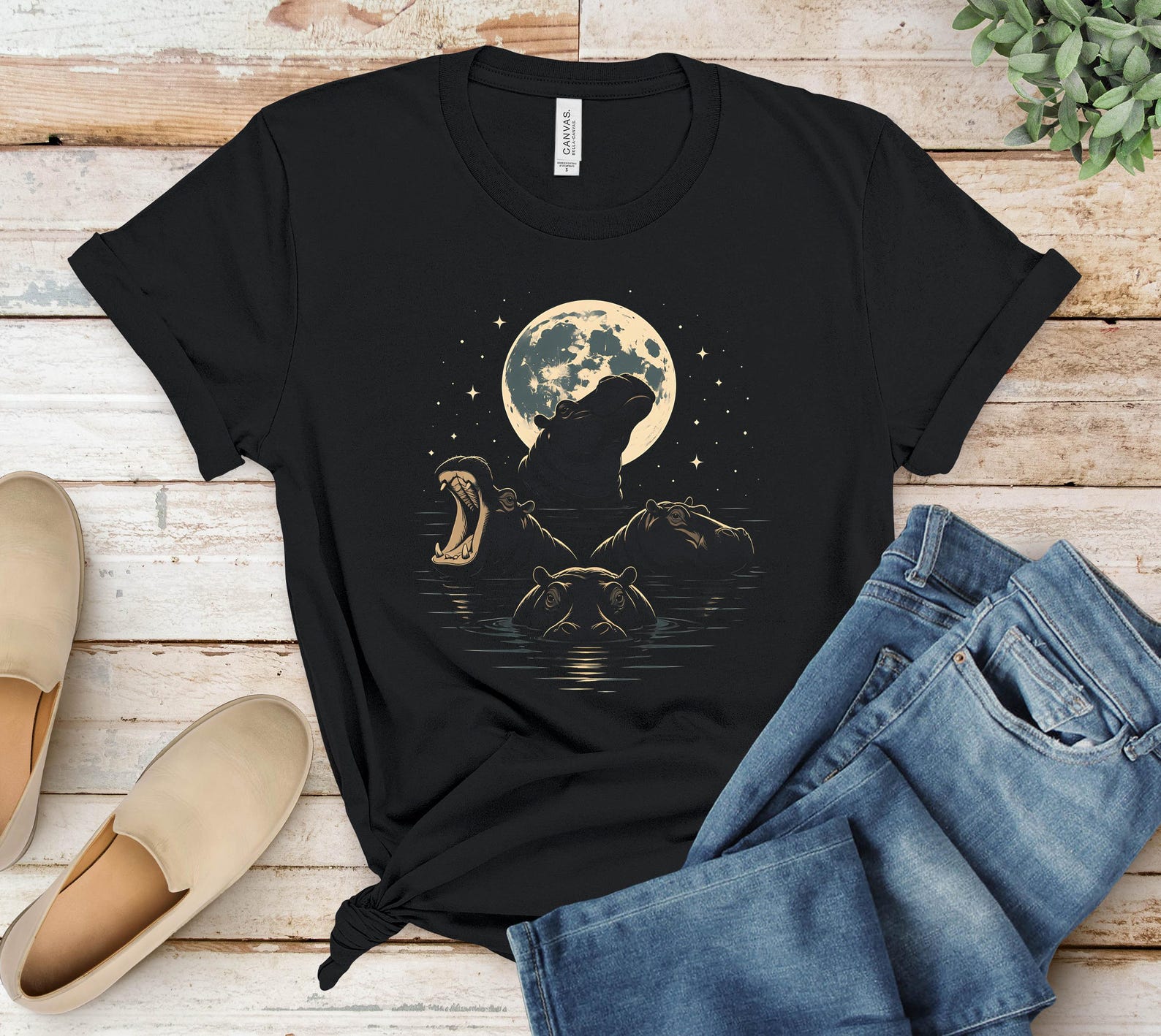 Moonlit Hippos Shirt, Celestial Night Sky Animal Tee, Mystical Wildlife ...